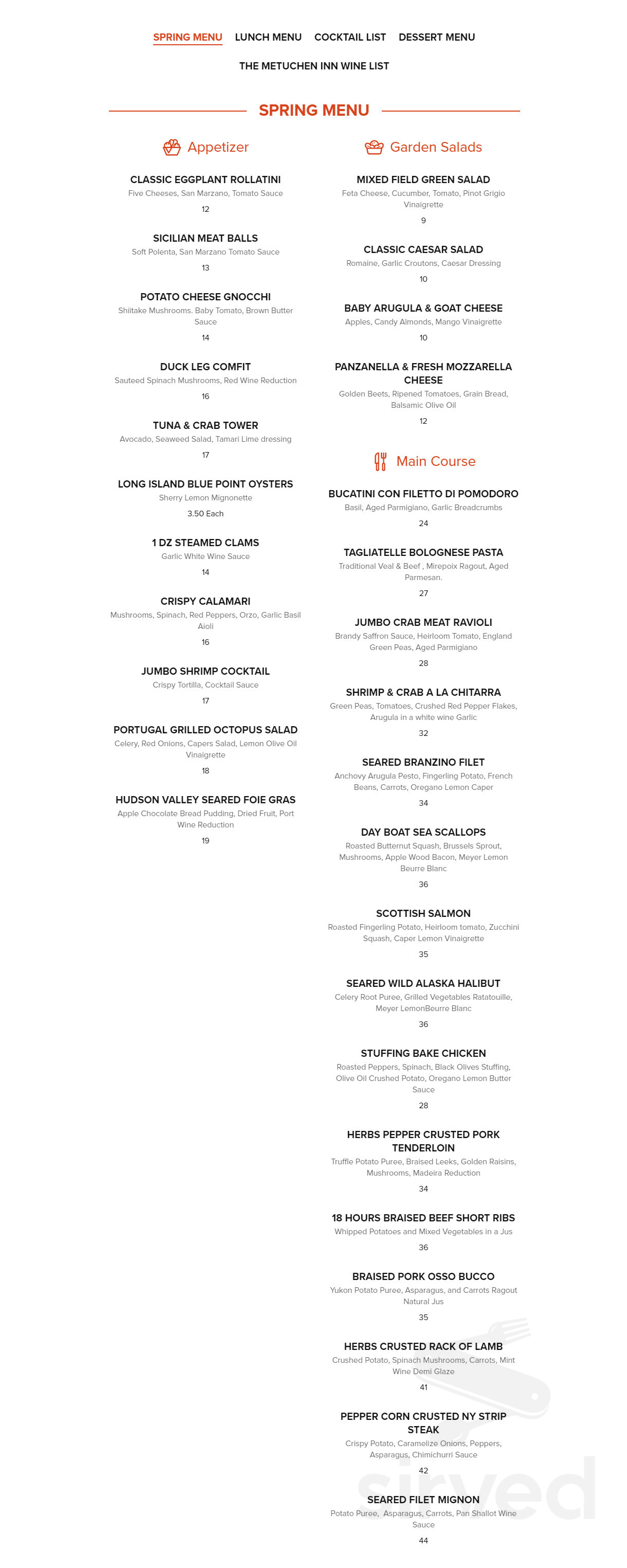 Menu - Metuchen NJ's Metuchen Inn | Sirved