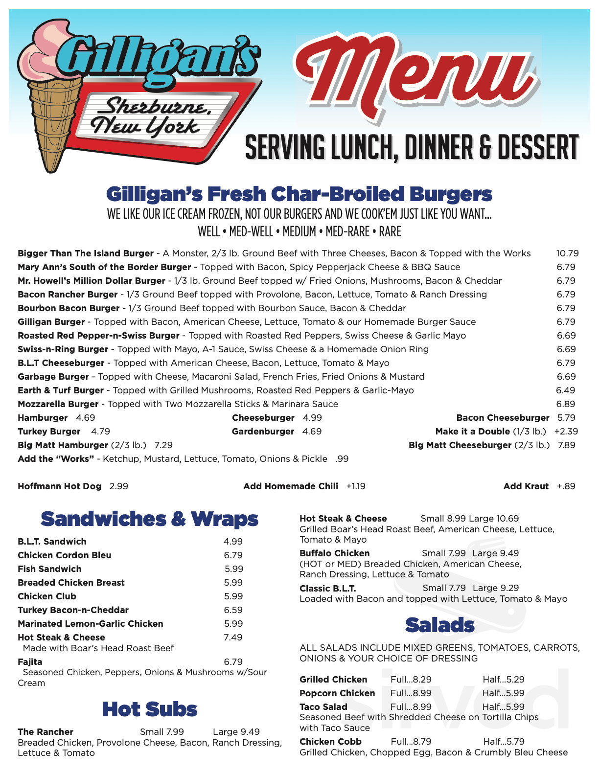 Gilligan's Island menu in Sherburne, New York, USA