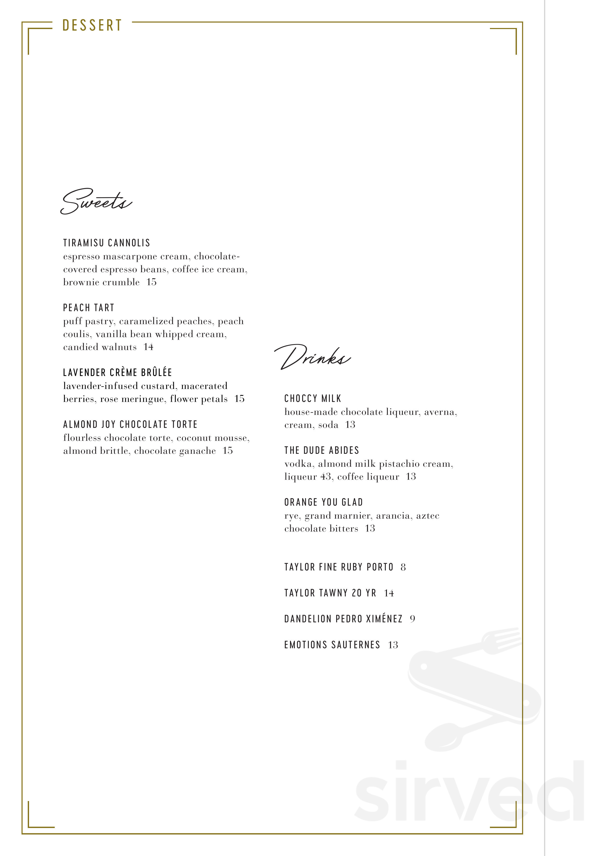 Oliver Royale menu in Knoxville, Tennessee, USA