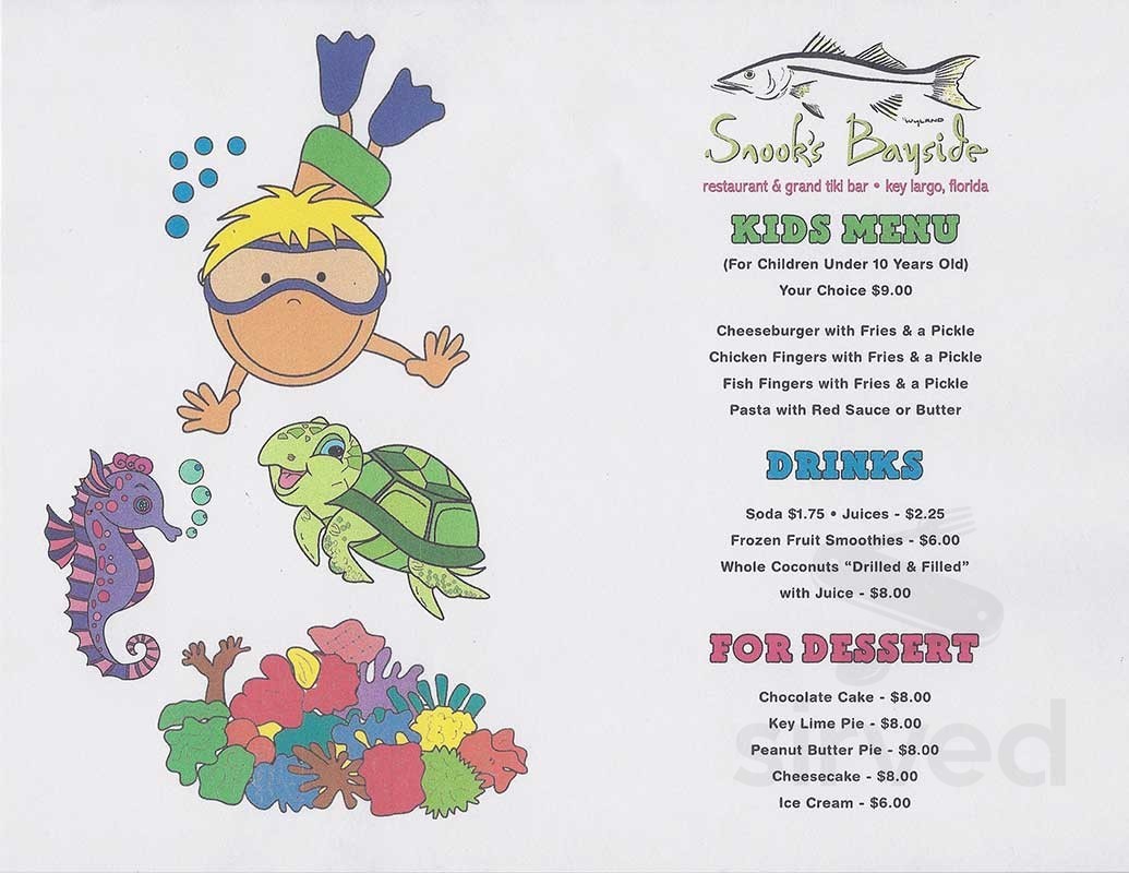 Snook's Bayside Restaurant & Grand Tiki menus in Key Largo, Florida ...