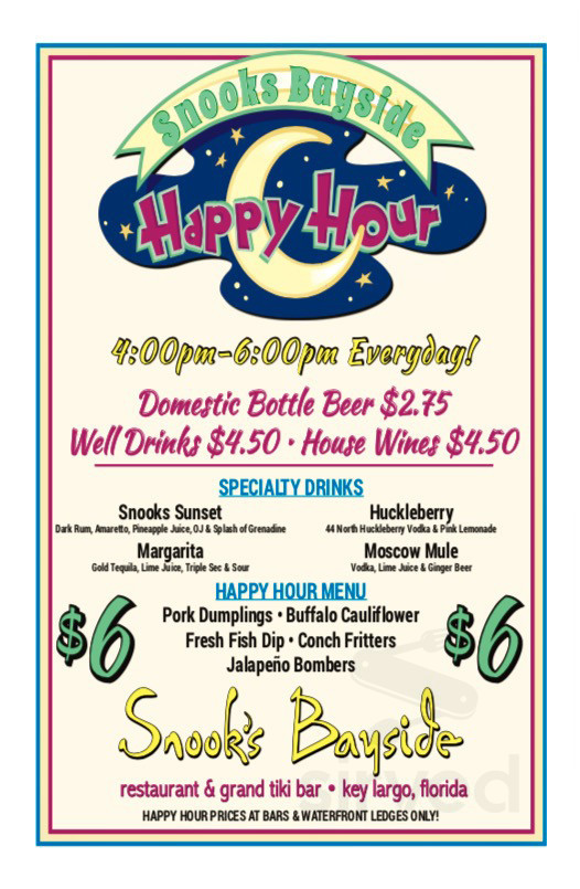 Snook's Bayside Restaurant & Grand Tiki menu in Key Largo, Florida, USA