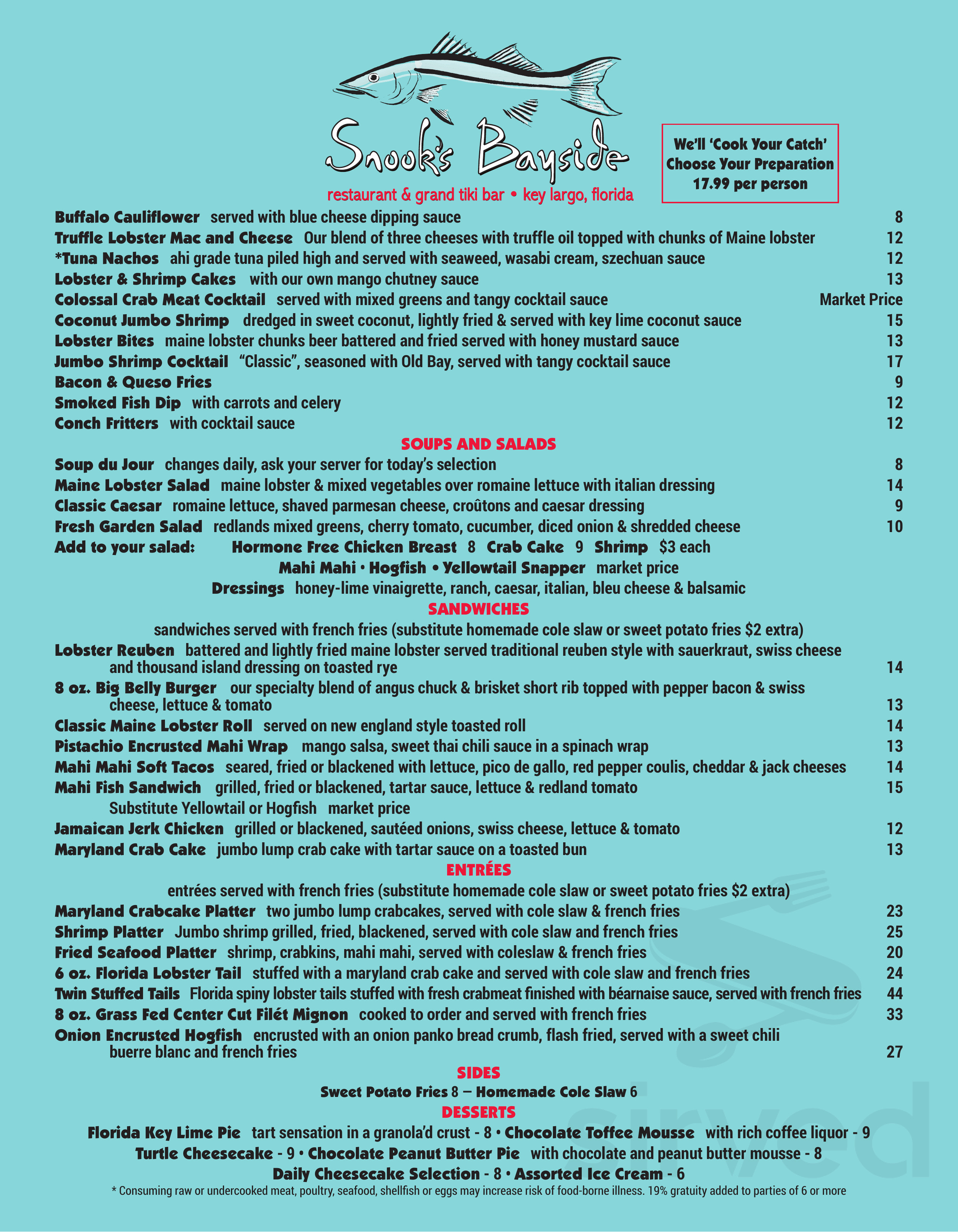 Snook's Bayside Restaurant & Grand Tiki menus in Key Largo, Florida ...