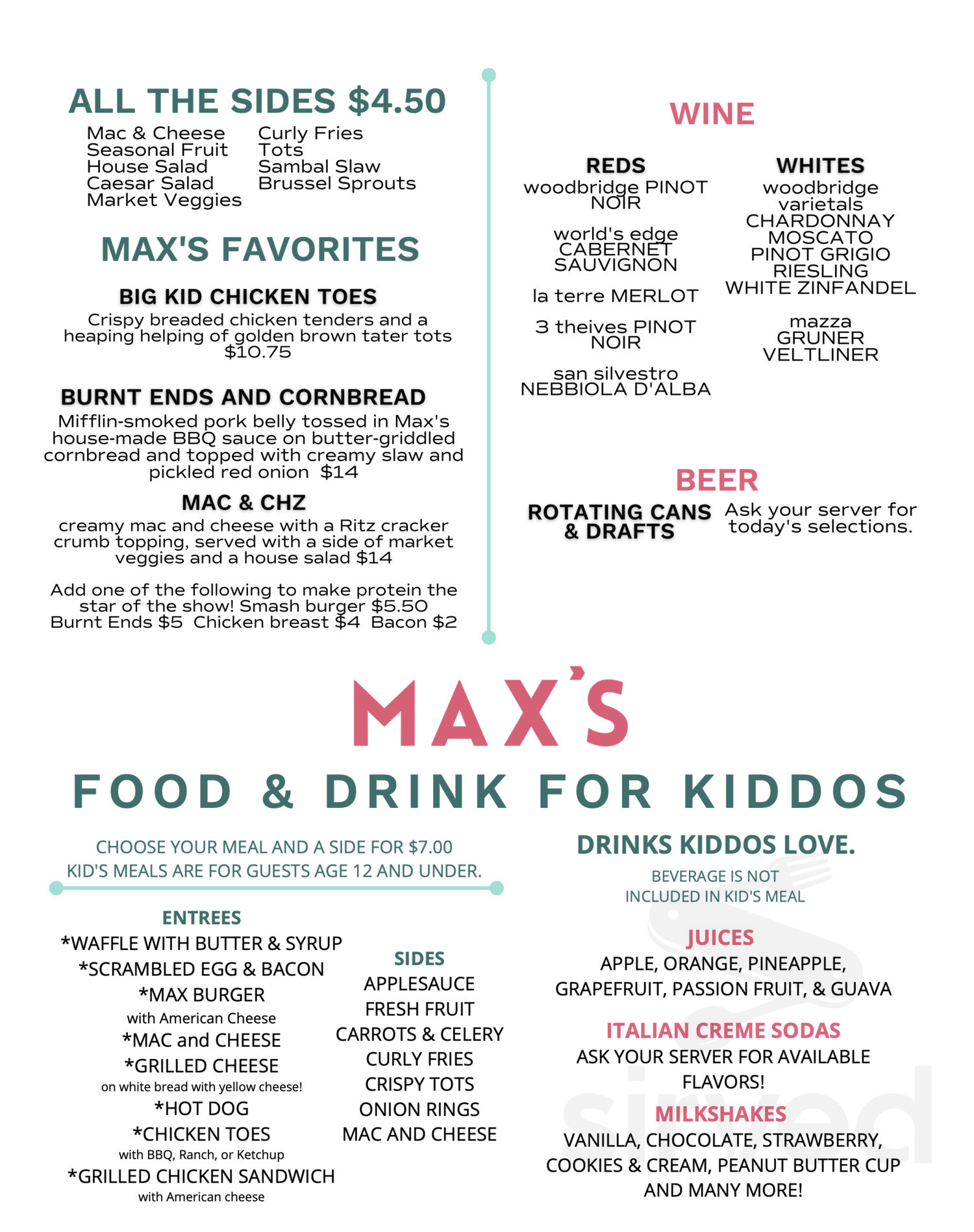 Max's Eatery menu in Lancaster, Pennsylvania, USA