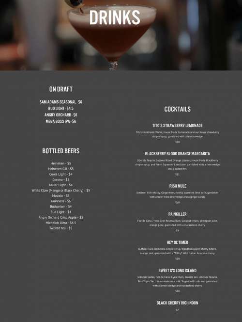 Gallery Billiards menu in Newburgh, New York, USA