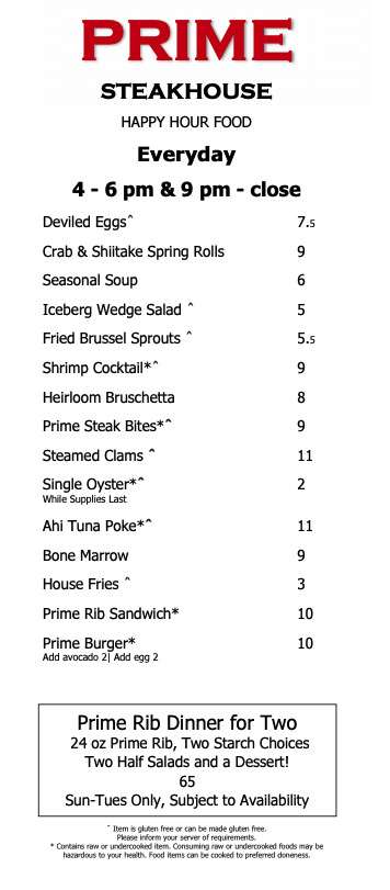 Prime Steakhouse Redmond menu in Redmond, Washington, USA