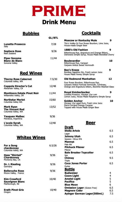 Prime Steakhouse Redmond menu in Redmond, Washington, USA