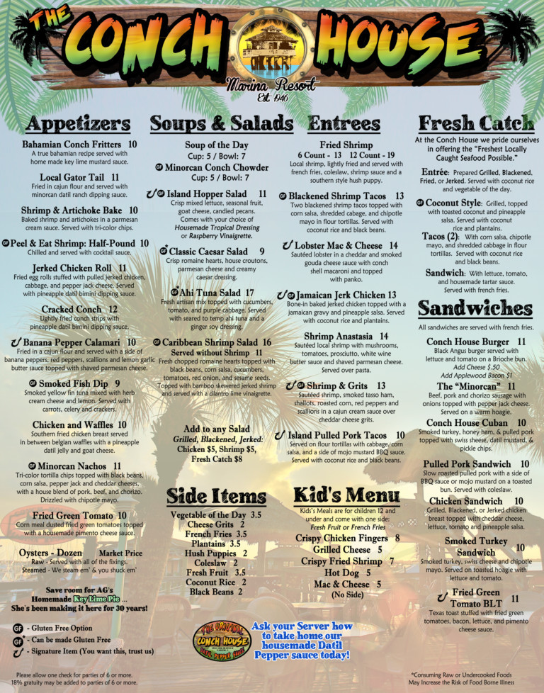 The Conch House Restaurant menus in St. Augustine, Florida, United States