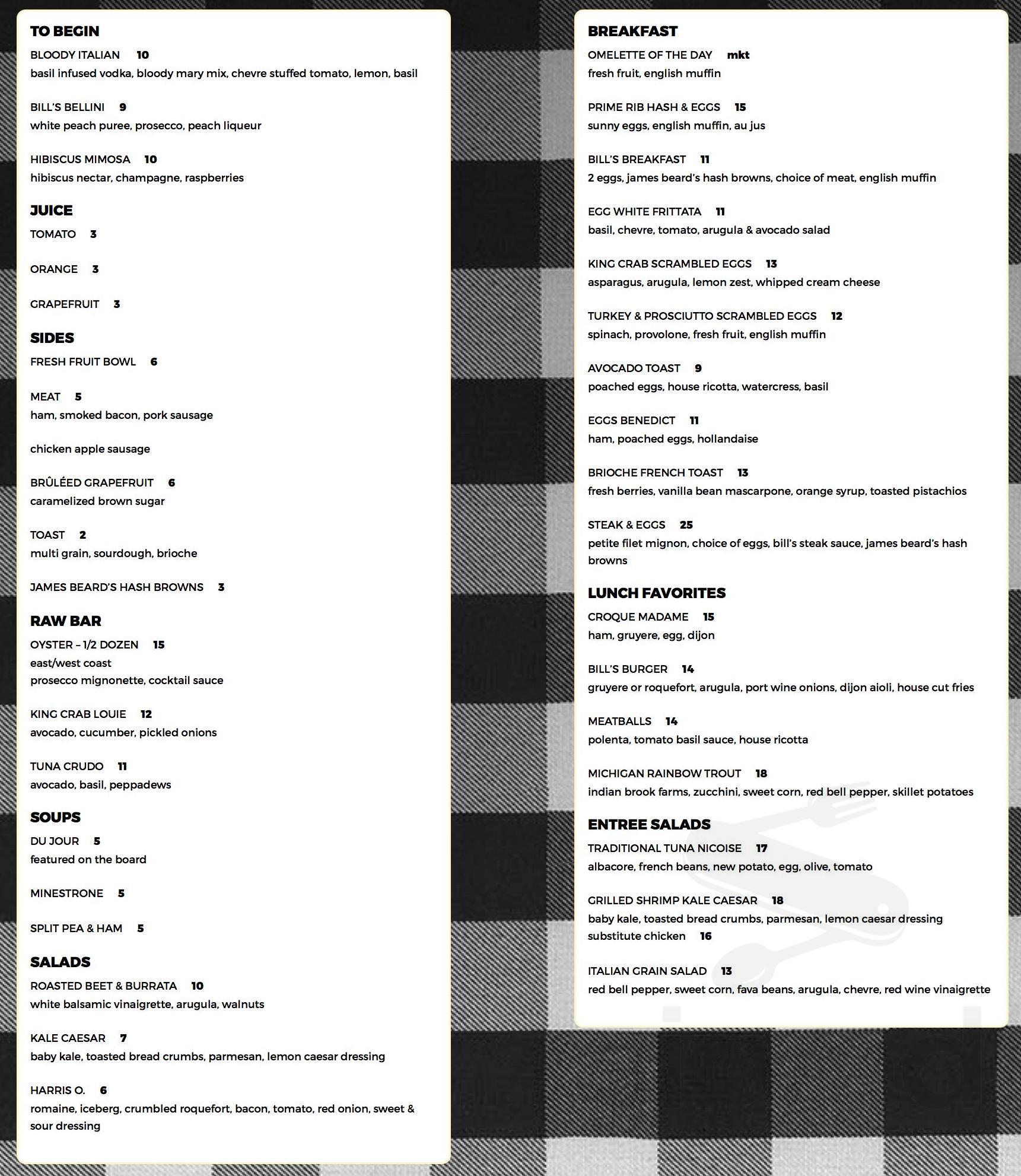 Menu - Bloomfield Hills MI's Bill's | Sirved