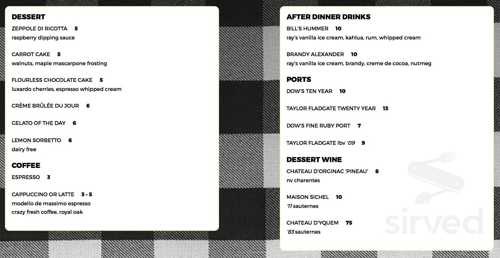 Bill's menu in Bloomfield Hills, Michigan, USA