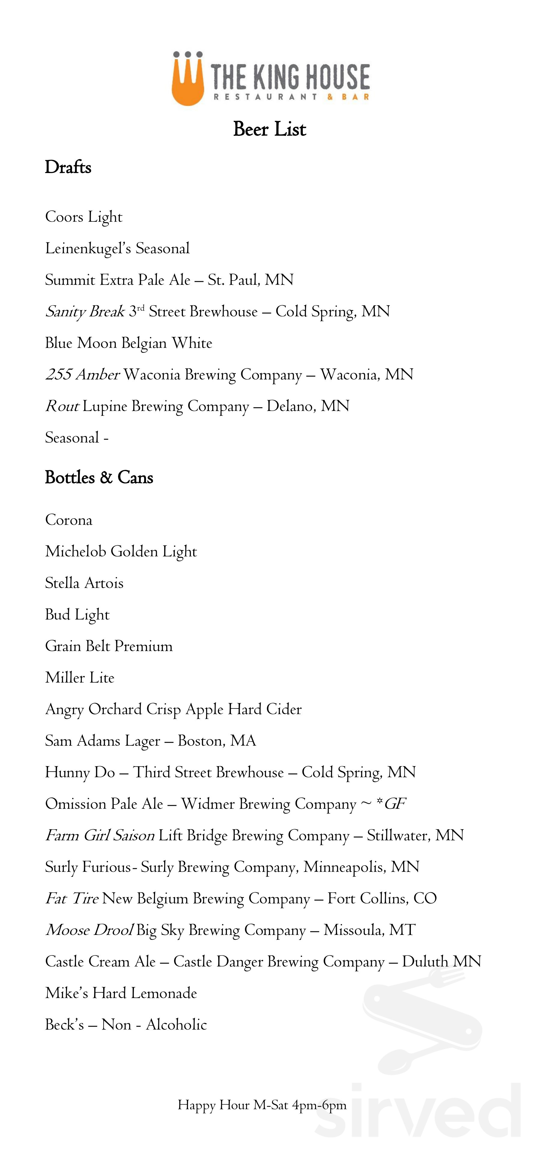 The King House Restaurant & Bar menu in Delano, Minnesota, USA
