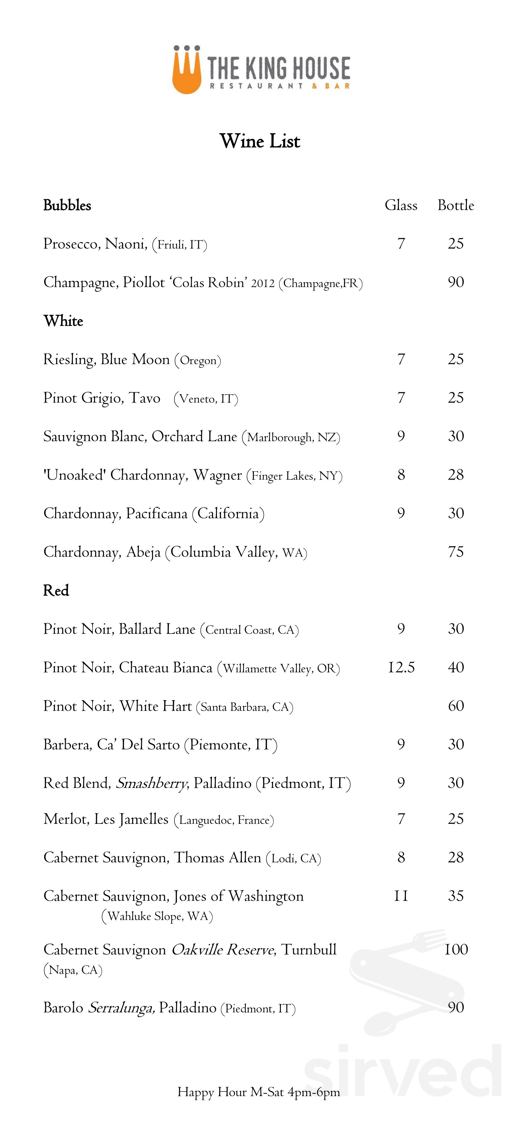 The King House Restaurant & Bar menu in Delano, Minnesota, USA