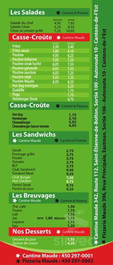 Cantine Maude menu in Quebec, Quebec J0E 2E0, Canada