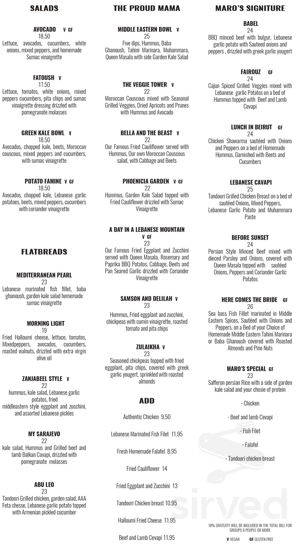 Maro's menu in Oakville, Ontario, Canada