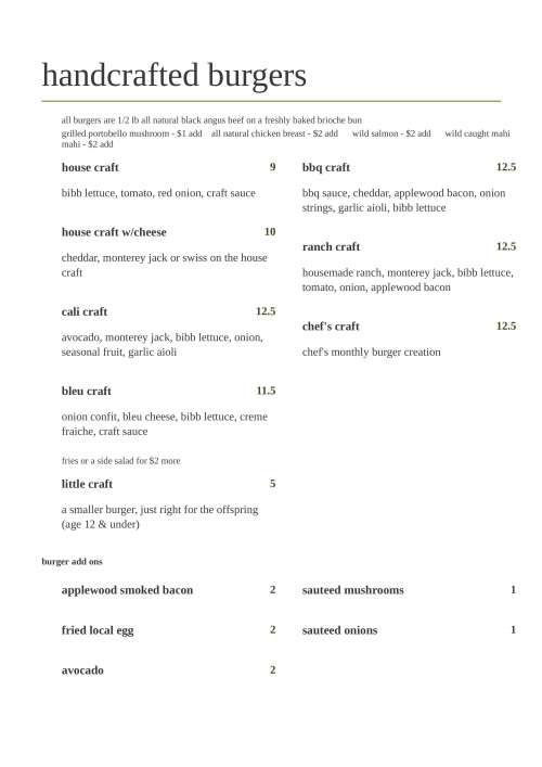 Craft Burger menu in Carlsbad, California, USA