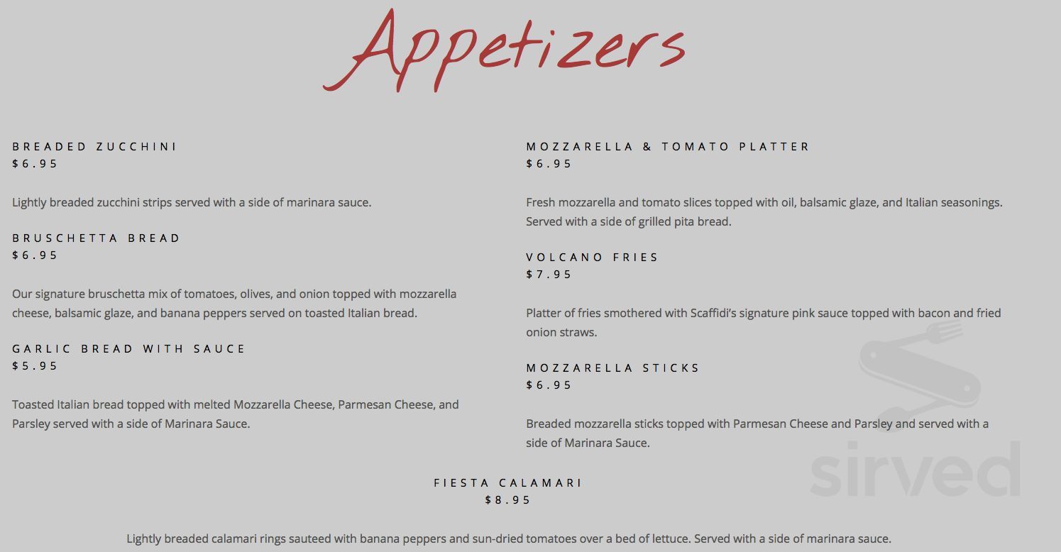 Menu for Scaffidi's Restaurant & Tavern in Steubenville, OH | Sirved