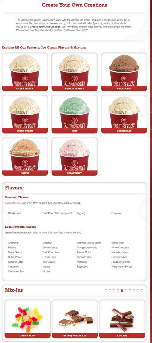 Cold Stone Creamery menu in Tucson, Arizona, USA