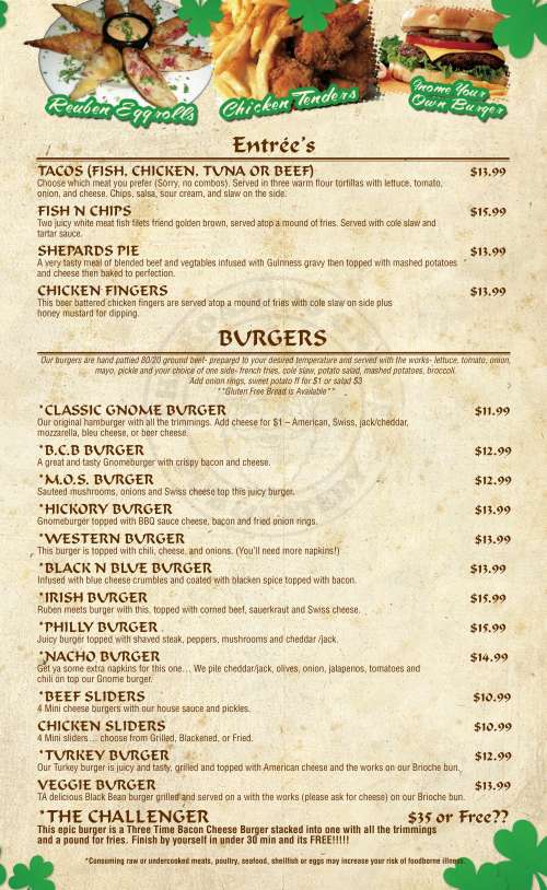 The Roaming Gnome Pub & Eatery menu in Sevierville, Tennessee, USA