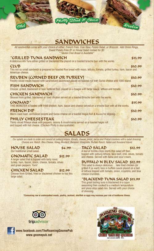The Roaming Gnome Pub & Eatery menu in Sevierville, Tennessee, USA