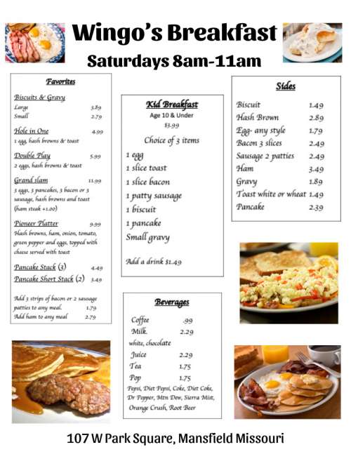 Wingo's Cafe menu in Mansfield, Missouri, USA
