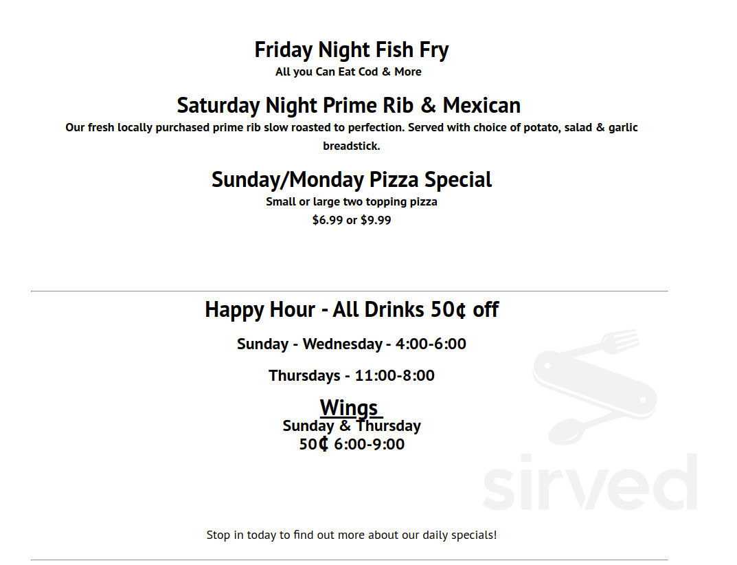 Menu for Snipe Lake Pub & Grill in Iron River, MI | Sirved