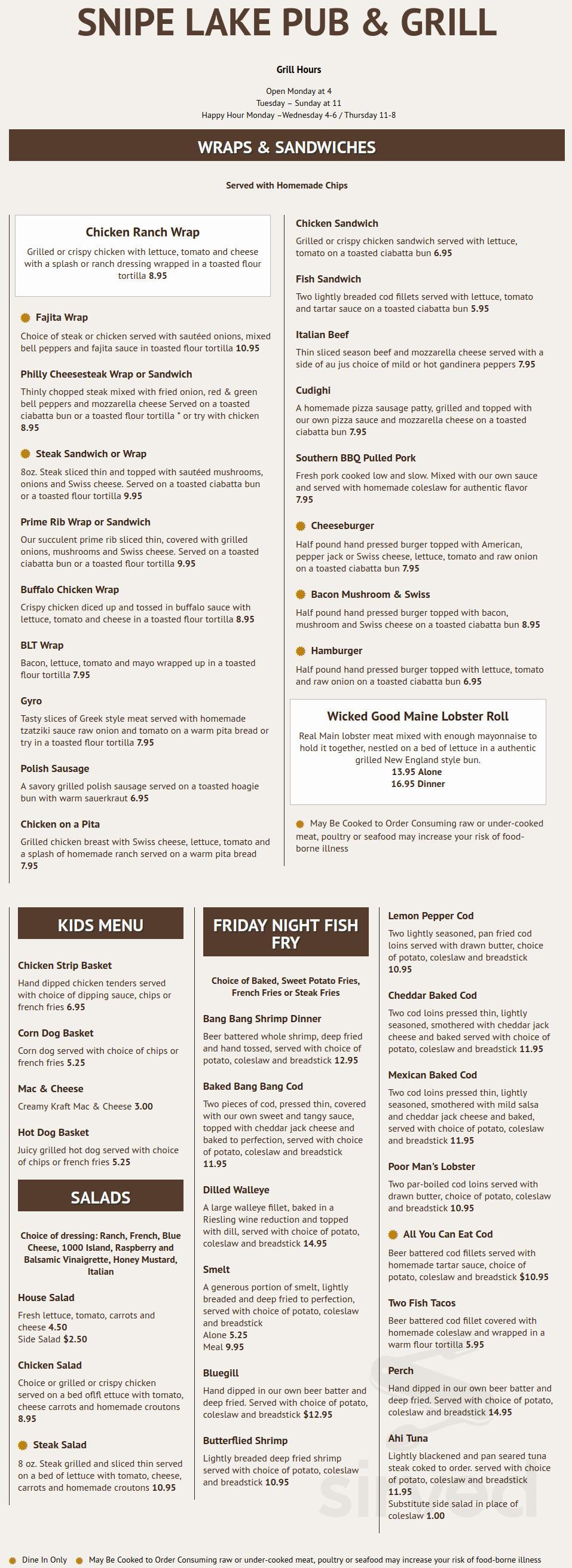 Snipe Lake Pub & Grill menu in Iron River, Michigan, USA