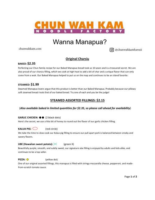 Chun Wah Kam Noodle Factory menu in Honolulu, Hawaii, USA