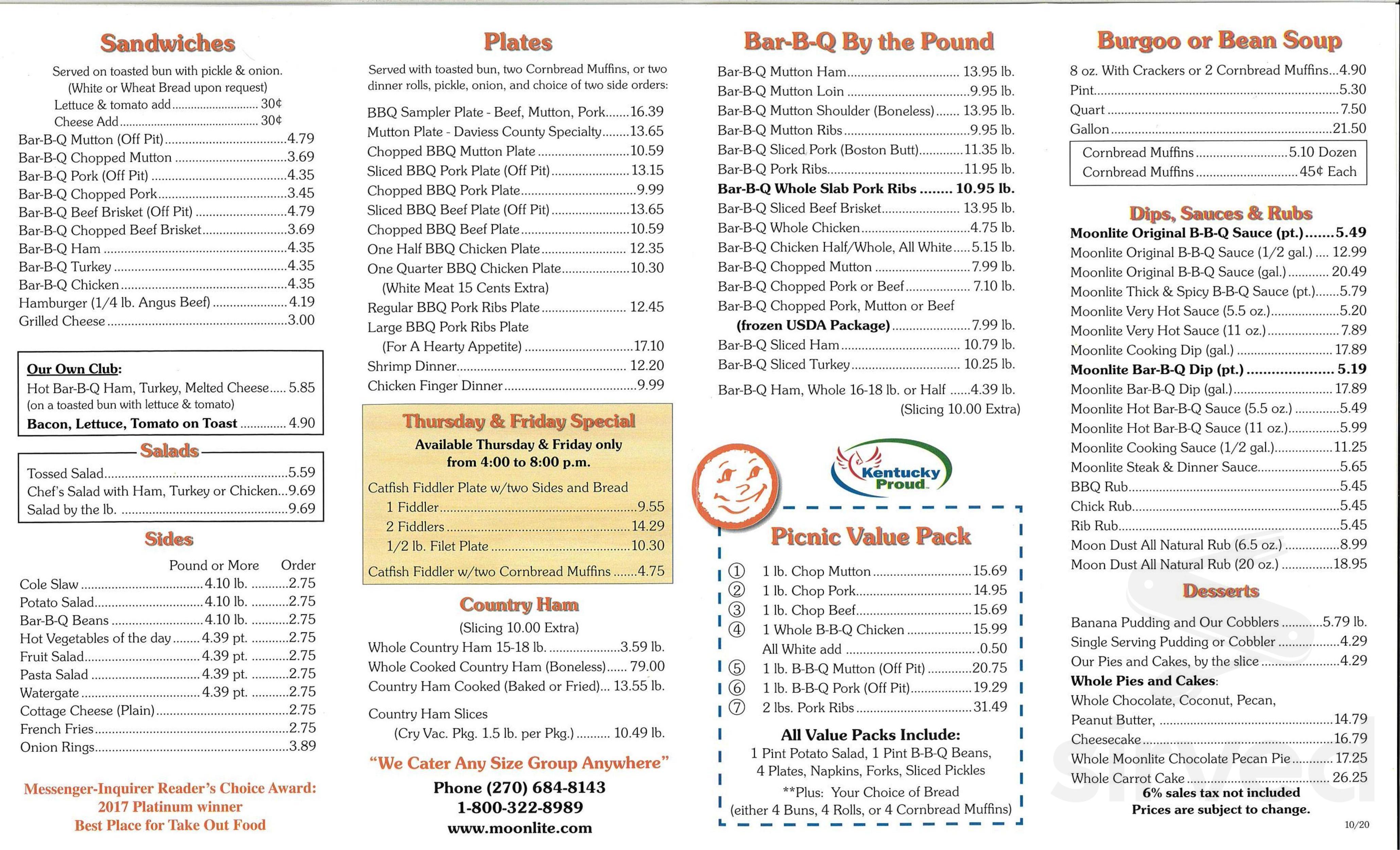 Menu for Moonlite Bar-b-q Inn in Owensboro, KY | Sirved