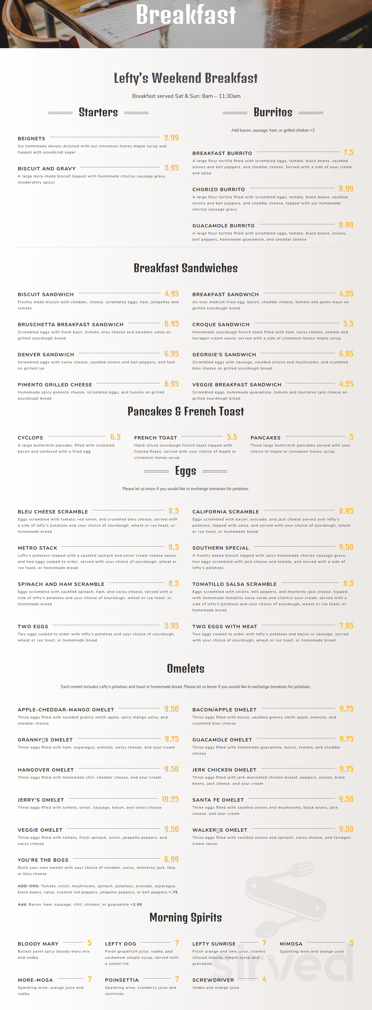 Lefty's menu in Blacksburg, Virginia, USA