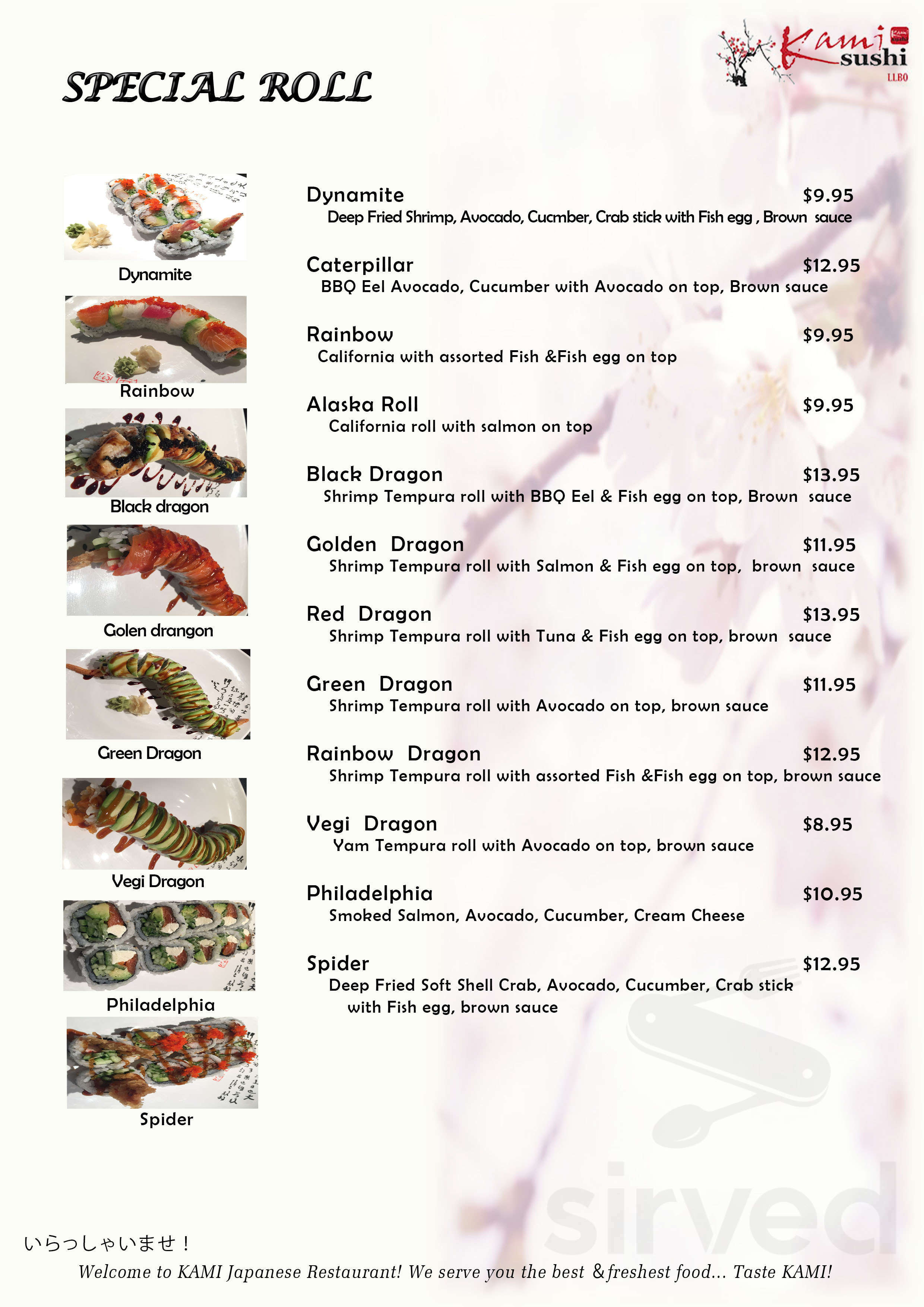 Menu for Kami Sushi in Toronto, Ontario, Canada