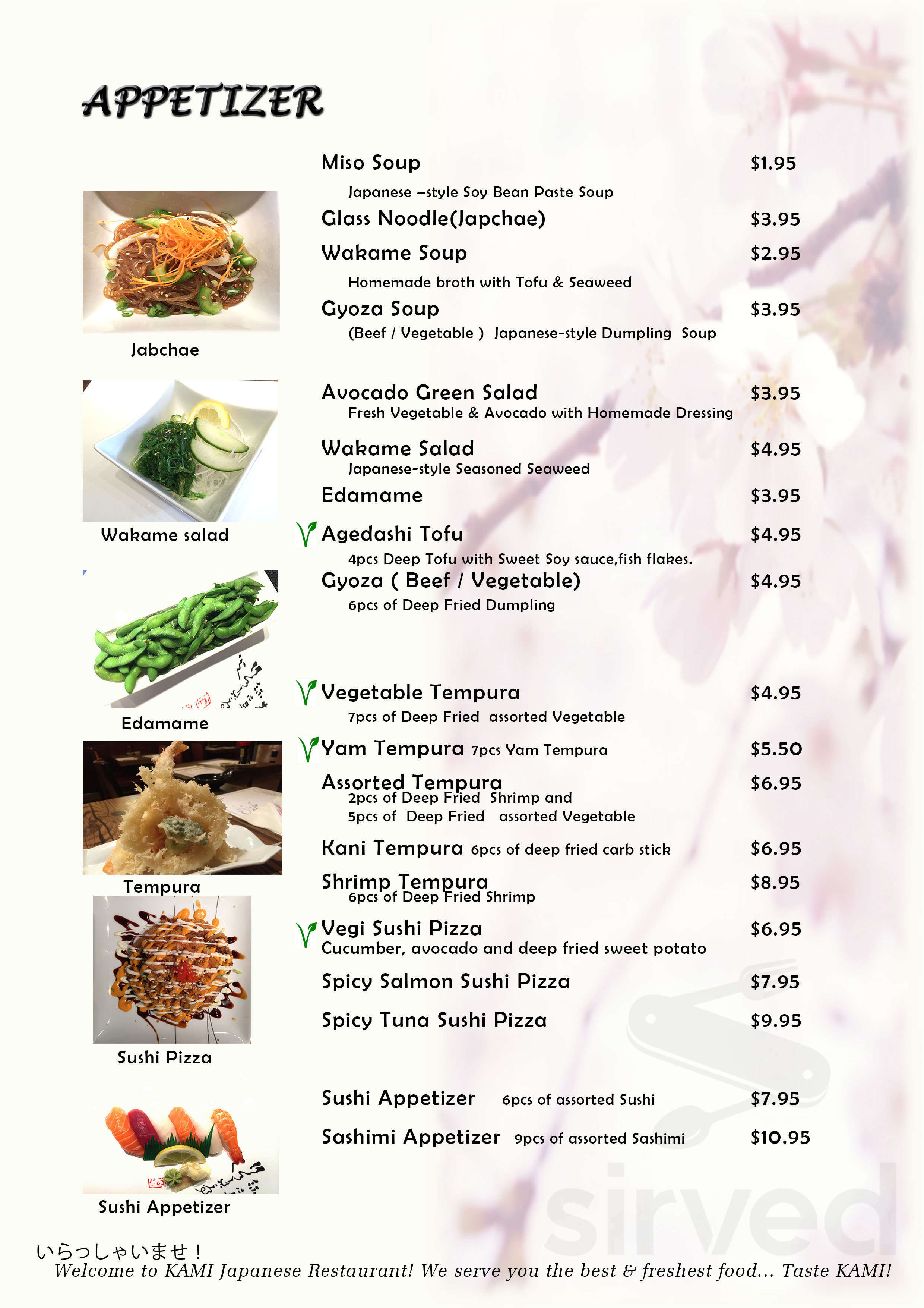 Menu for Kami Sushi in Toronto, Ontario, Canada