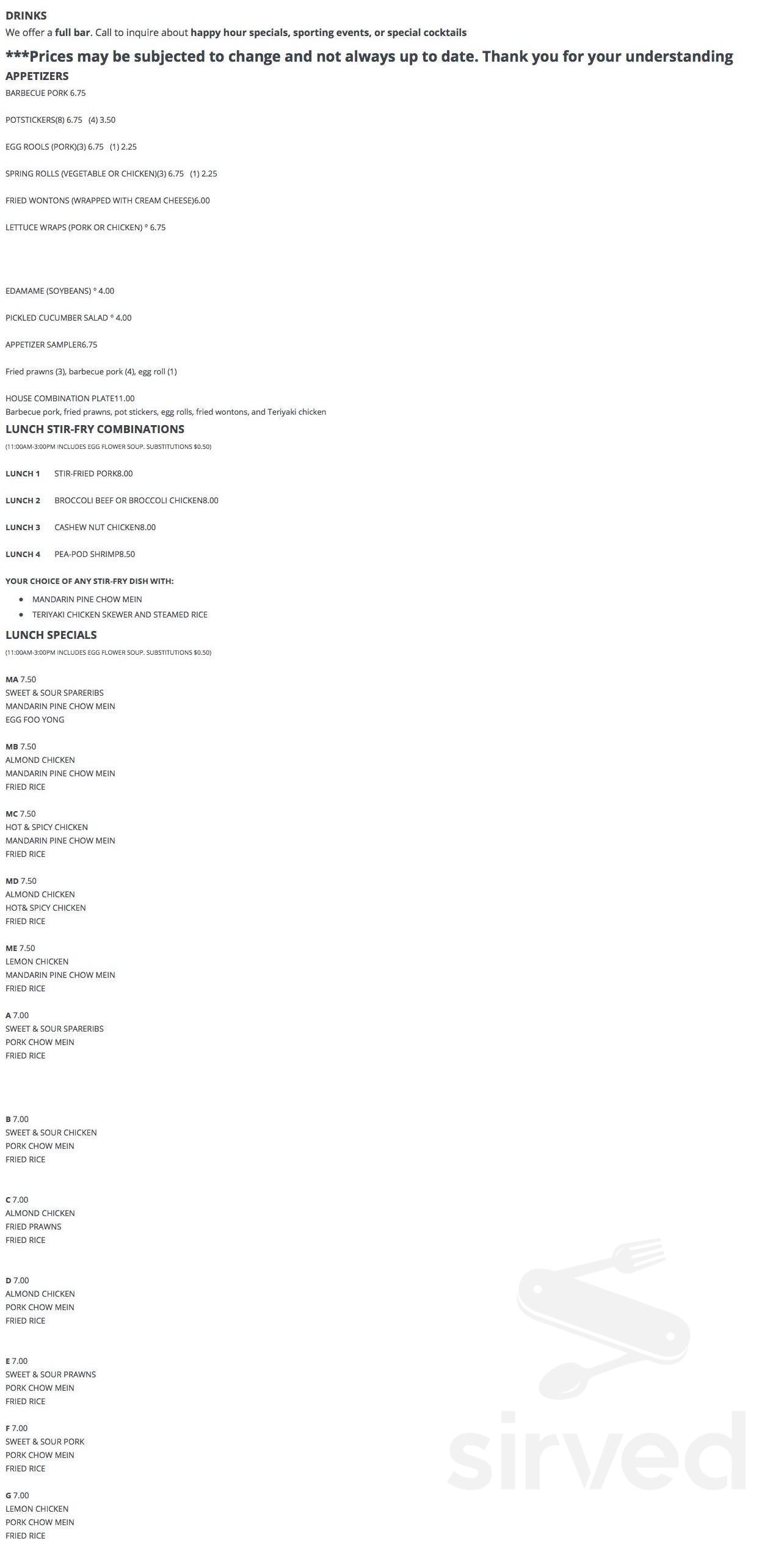 Menu for Mandarin Pine Restaurant in Lewiston, ID | Sirved