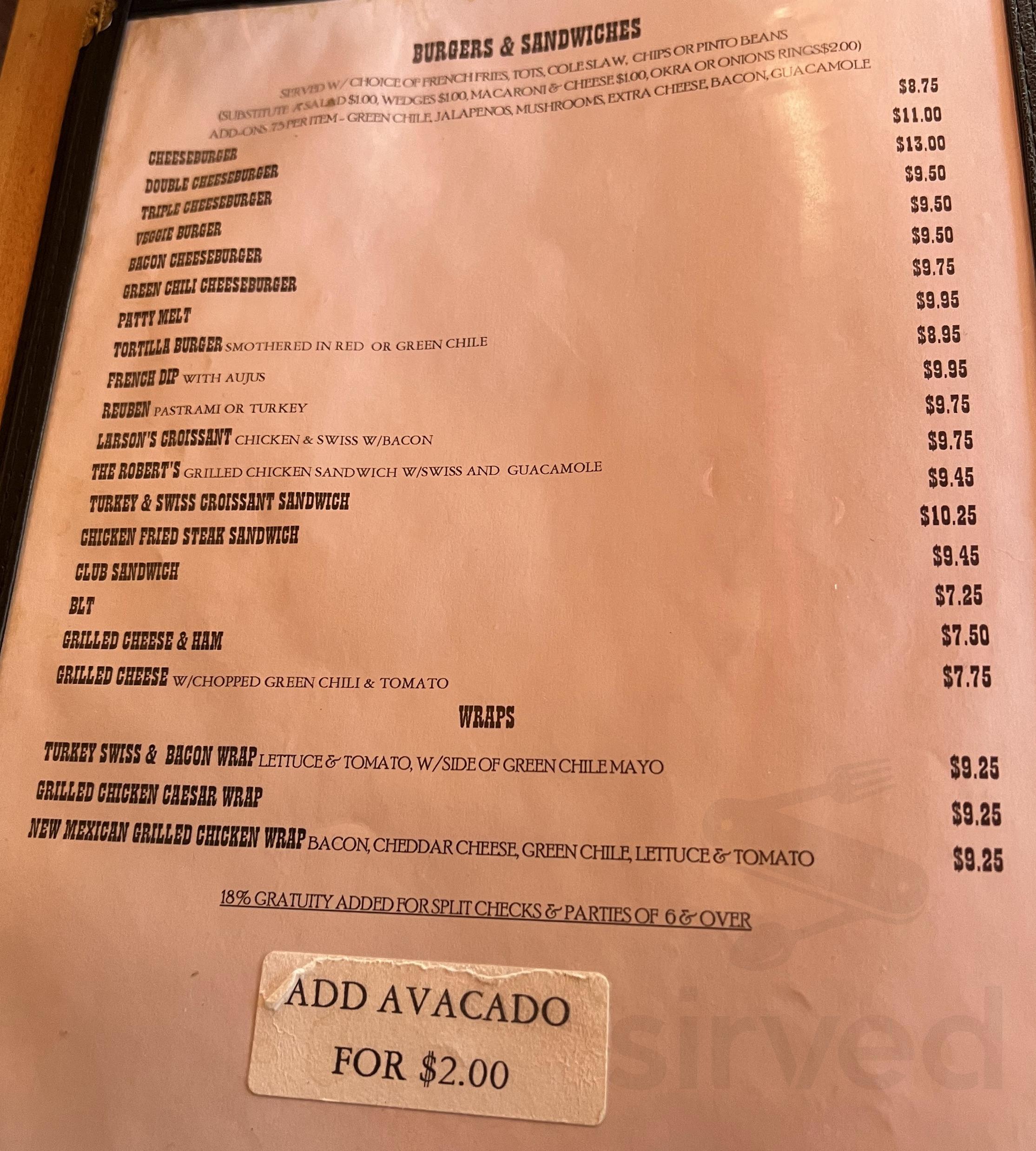 Old Tymers Cafe menu in Red River, New Mexico, USA