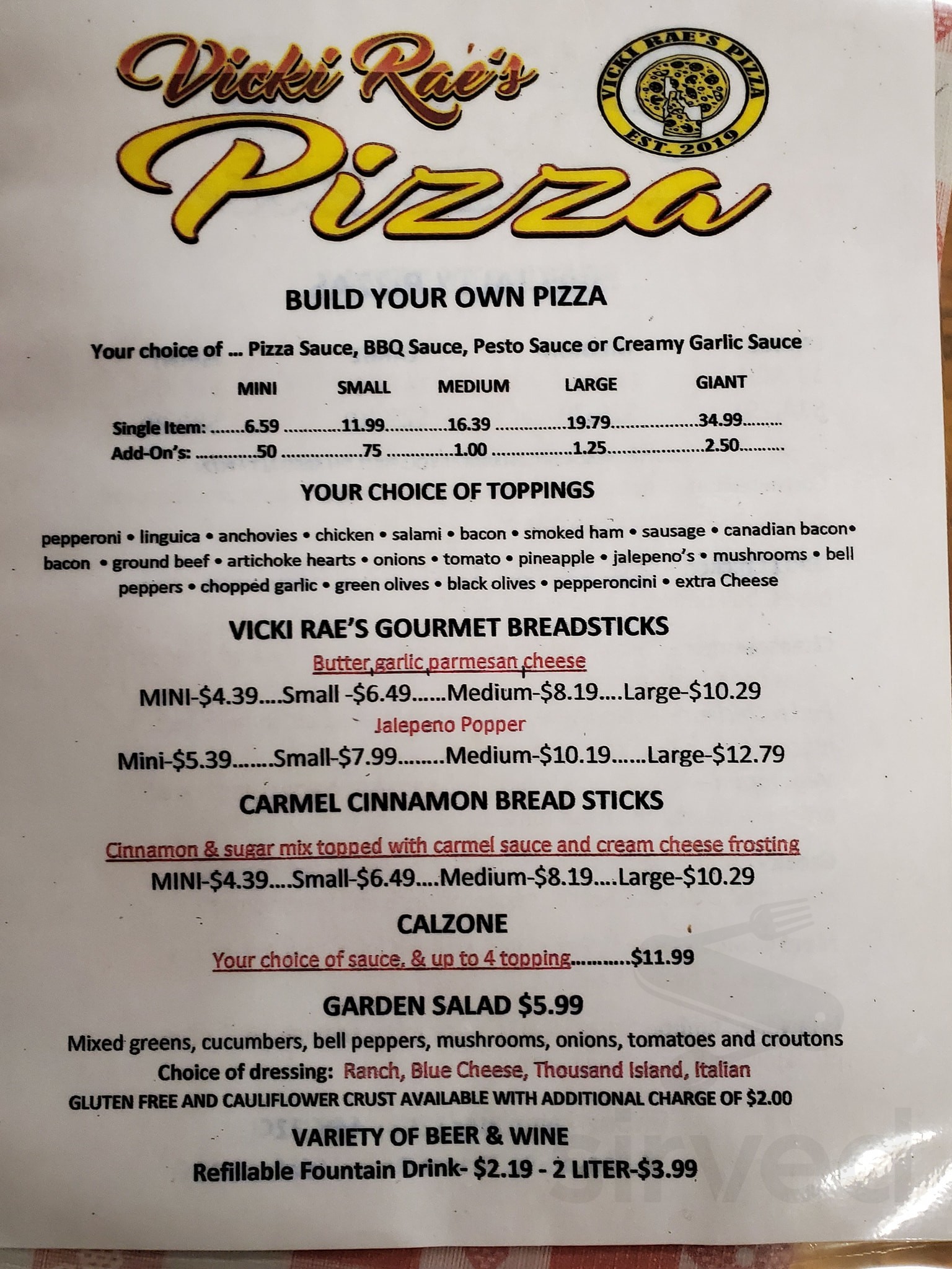 Vicki Rae's Pizza menus in Priest River, Idaho, United States
