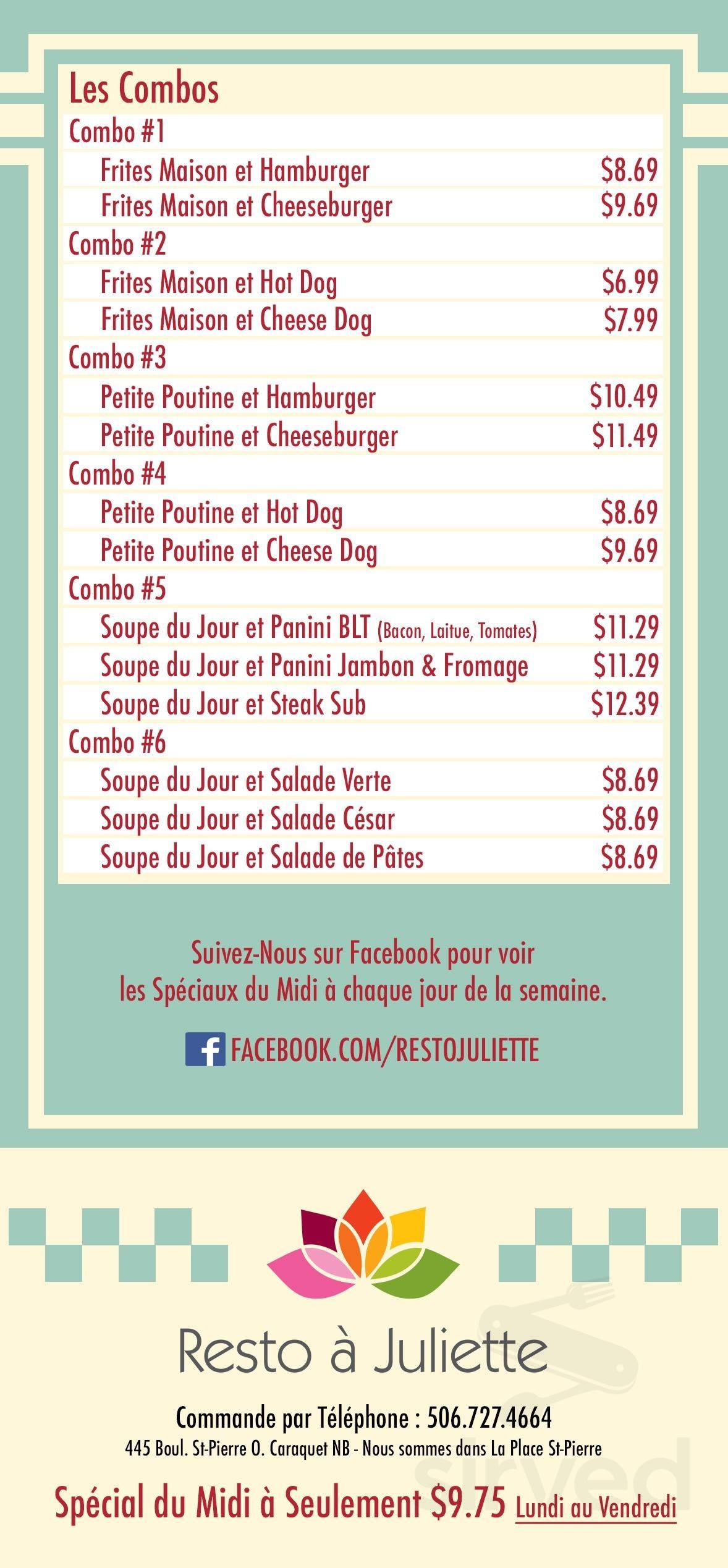 Menu for Resto à Juliette in Caraquet, NB | Sirved