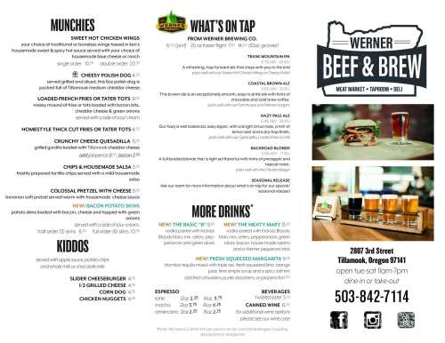 Werner Beef & Brew menu in Tillamook, Oregon, USA