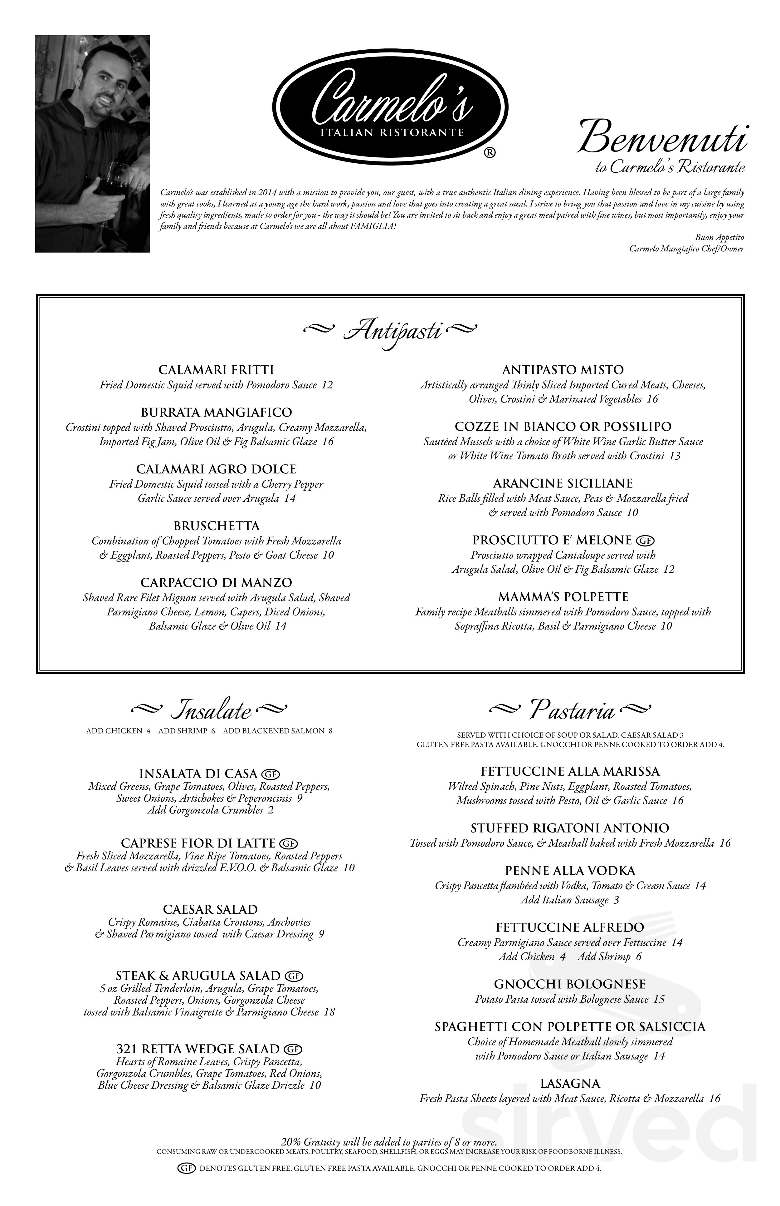 Carmelo's Italian Ristorante menu in Punta Gorda, Florida, USA