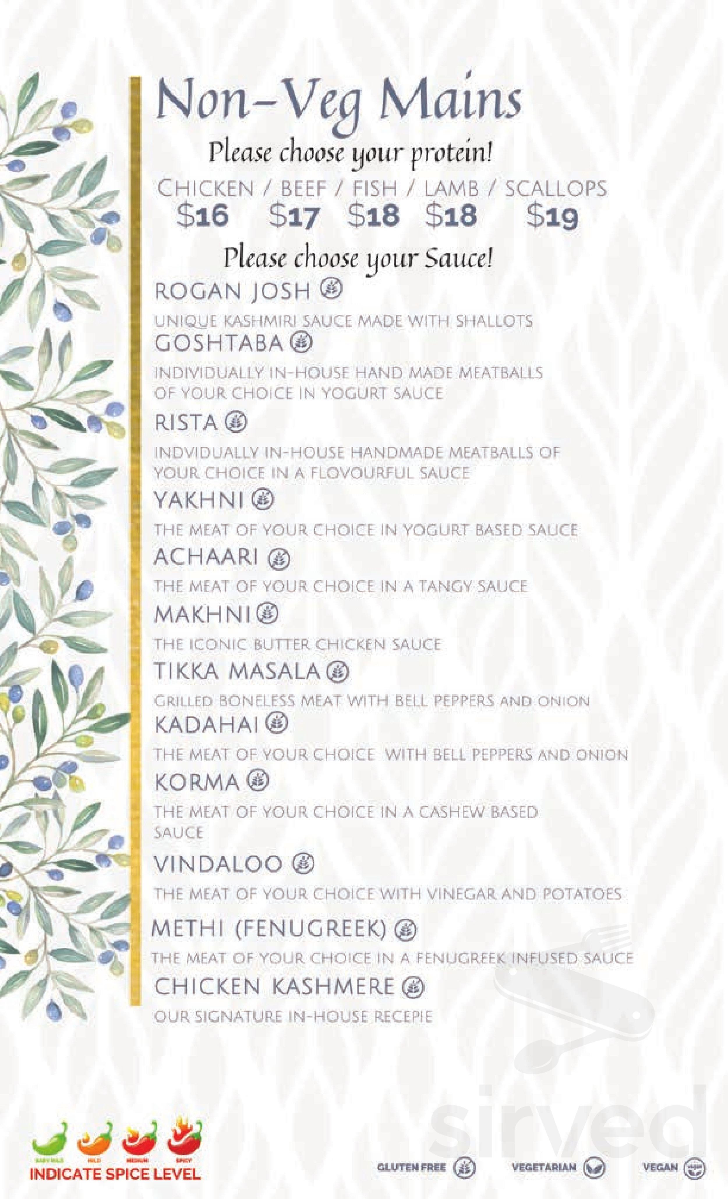 Restaurant Kashmere menu in Saskatoon, Saskatchewan, Canada