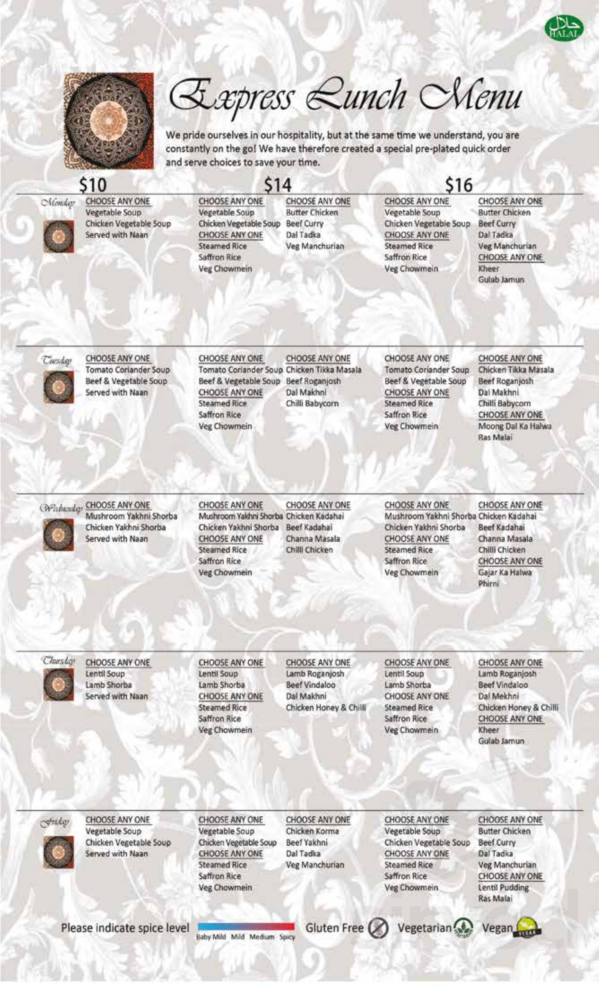 Restaurant Kashmere menu in Saskatoon, Saskatchewan, Canada