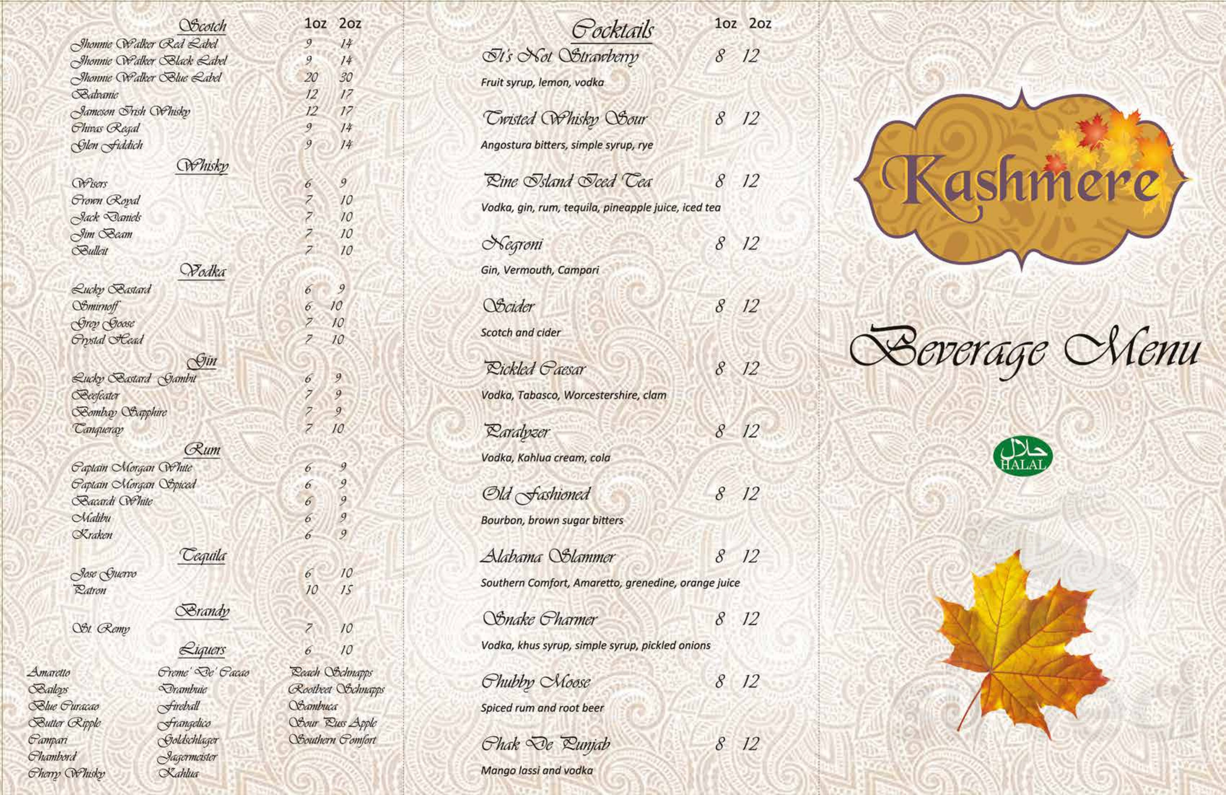 Restaurant Kashmere menu in Saskatoon, Saskatchewan, Canada
