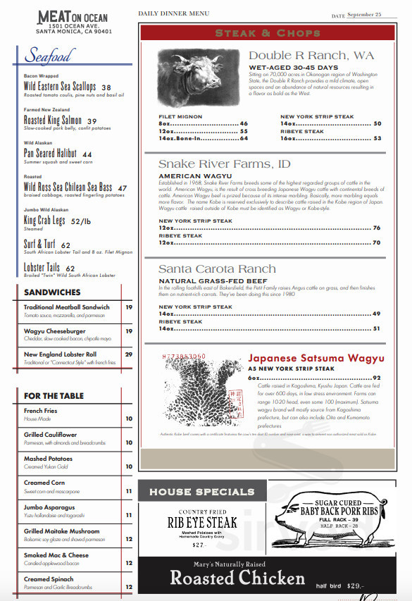Meat On Ocean menu in Santa Monica, California, USA