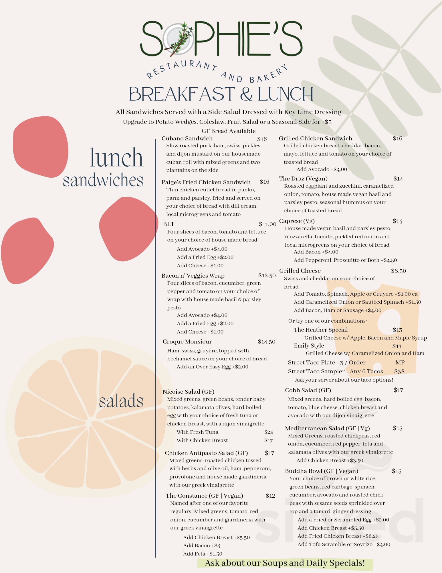 Sophie's menu in Kent, Connecticut, USA