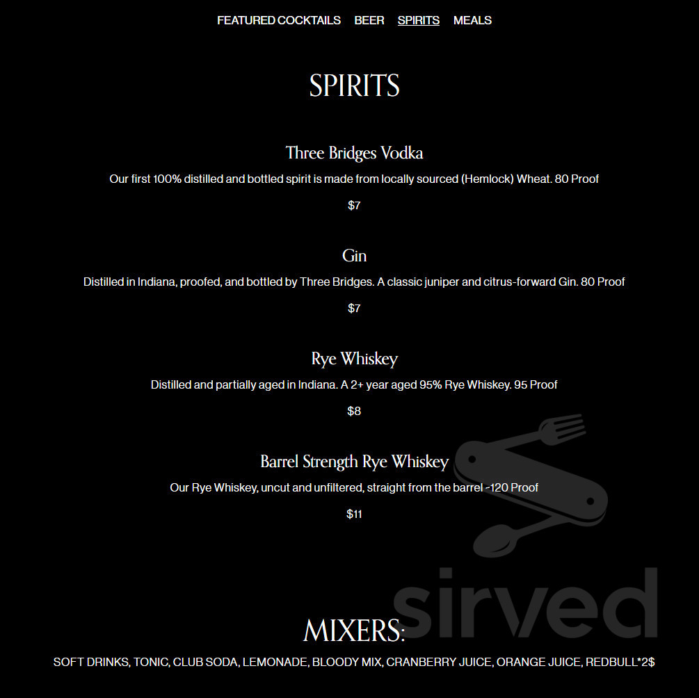 Three Bridges Distillery & Taproom menu in Midland, Michigan, USA