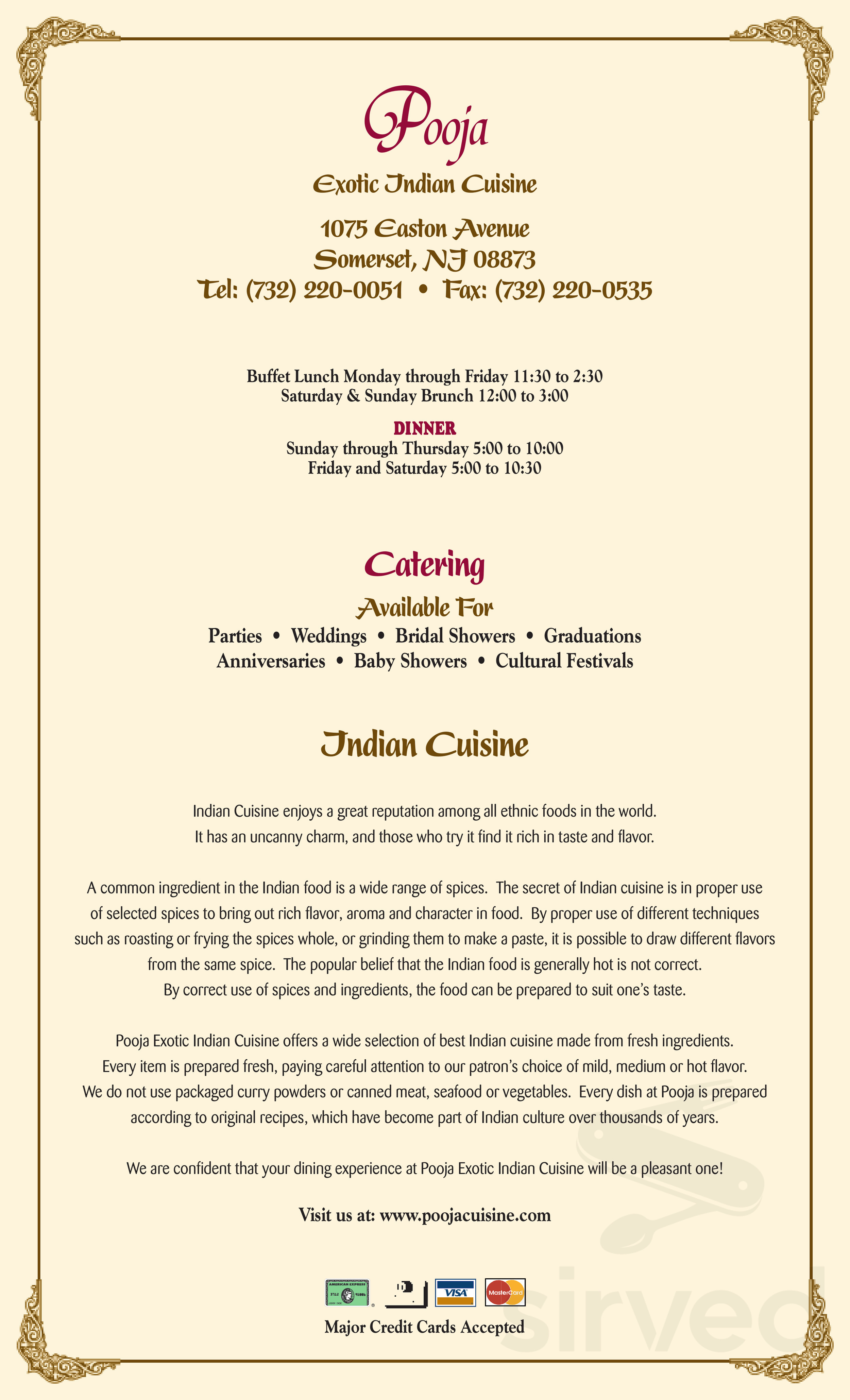 Pooja Exotic Indian Cuisine menu in Somerset, New Jersey, USA
