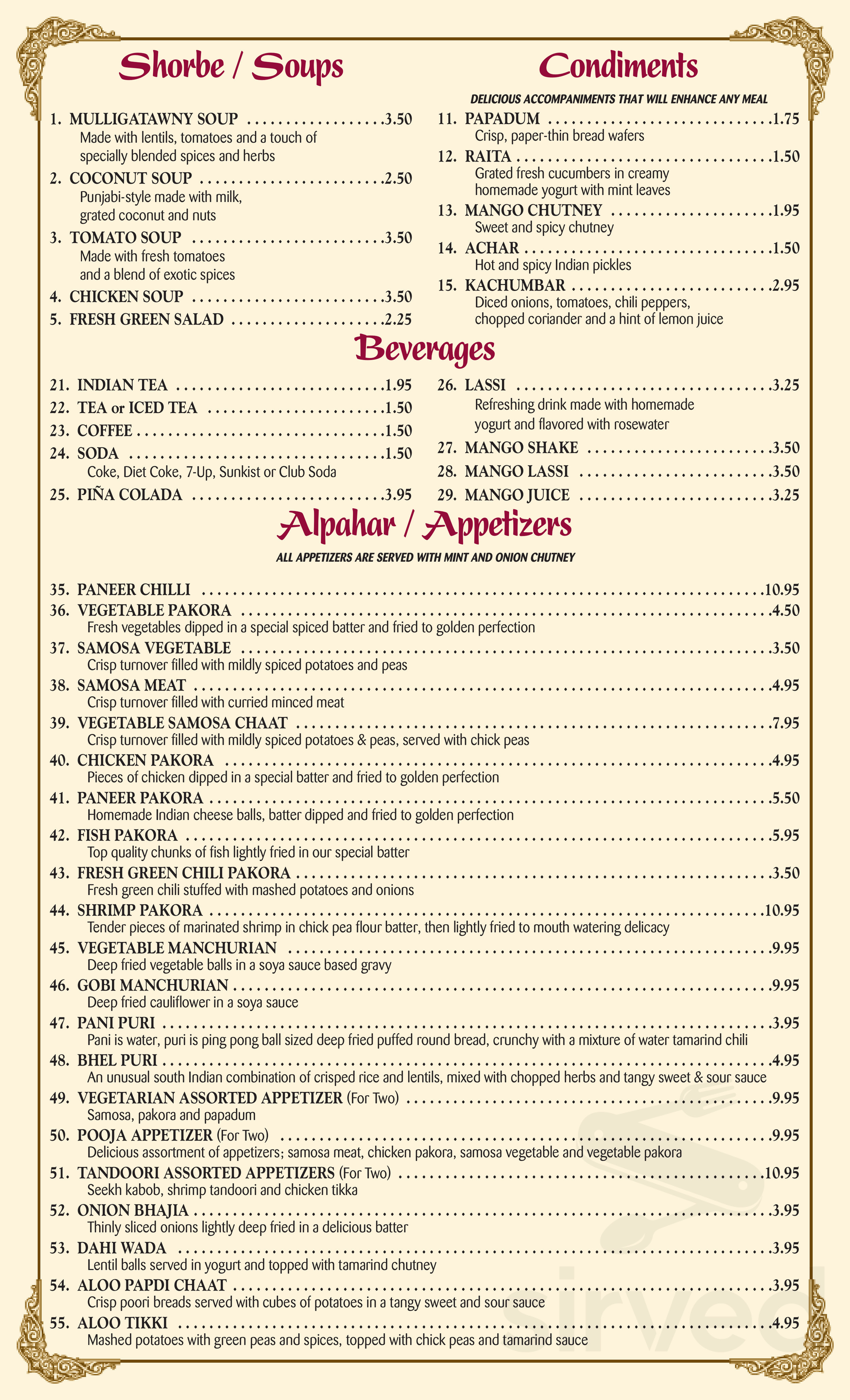 Pooja Exotic Indian Cuisine menu in Somerset, New Jersey, USA