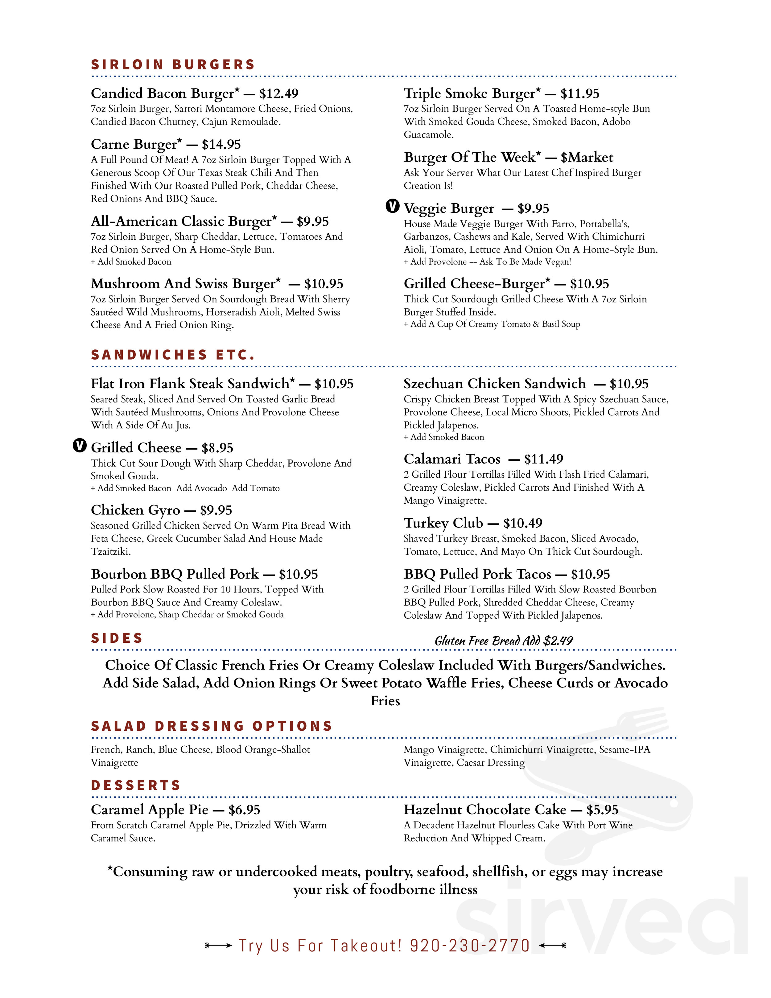 The Ruby Owl Tap Room menu in Oshkosh, Wisconsin, USA