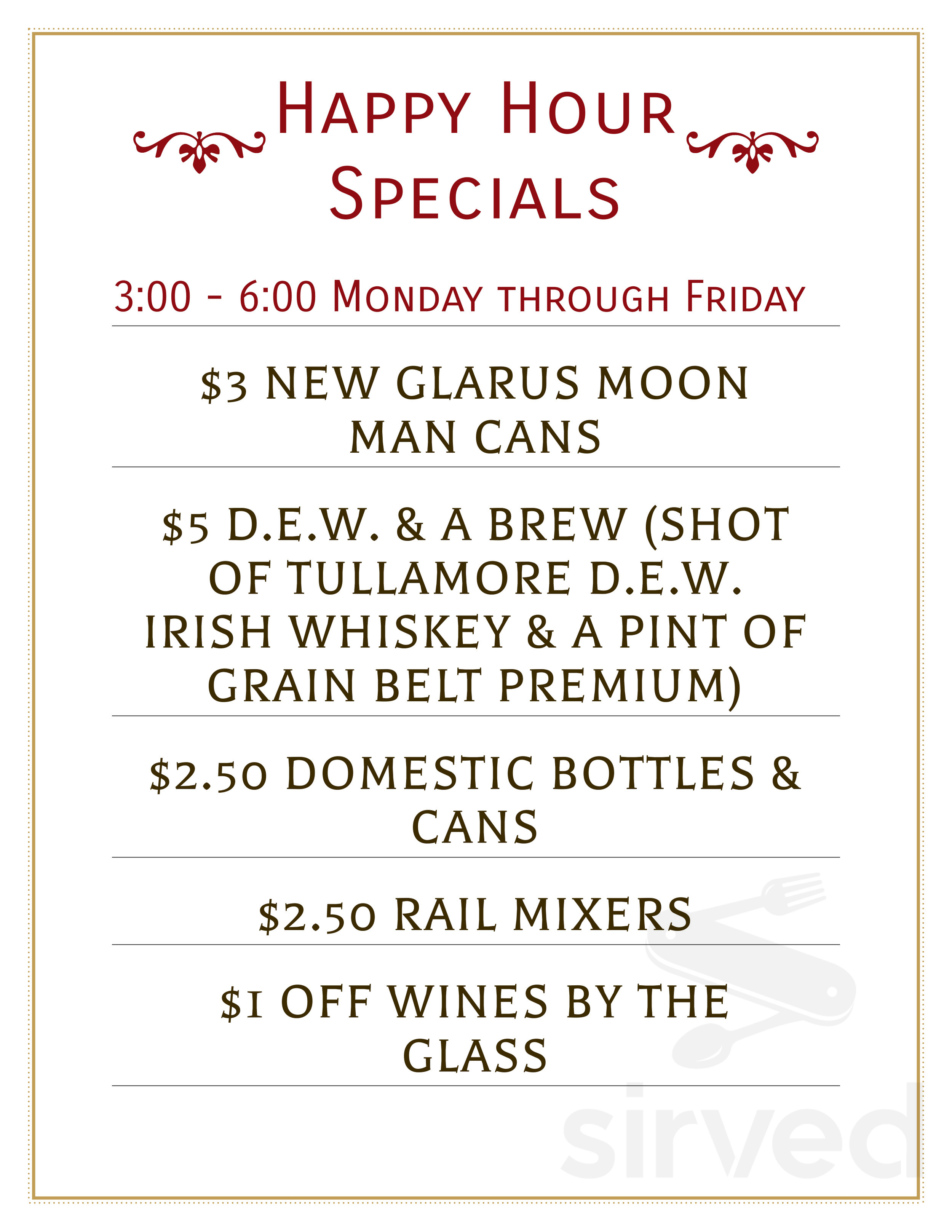 The Ruby Owl Tap Room menu in Oshkosh, Wisconsin, USA