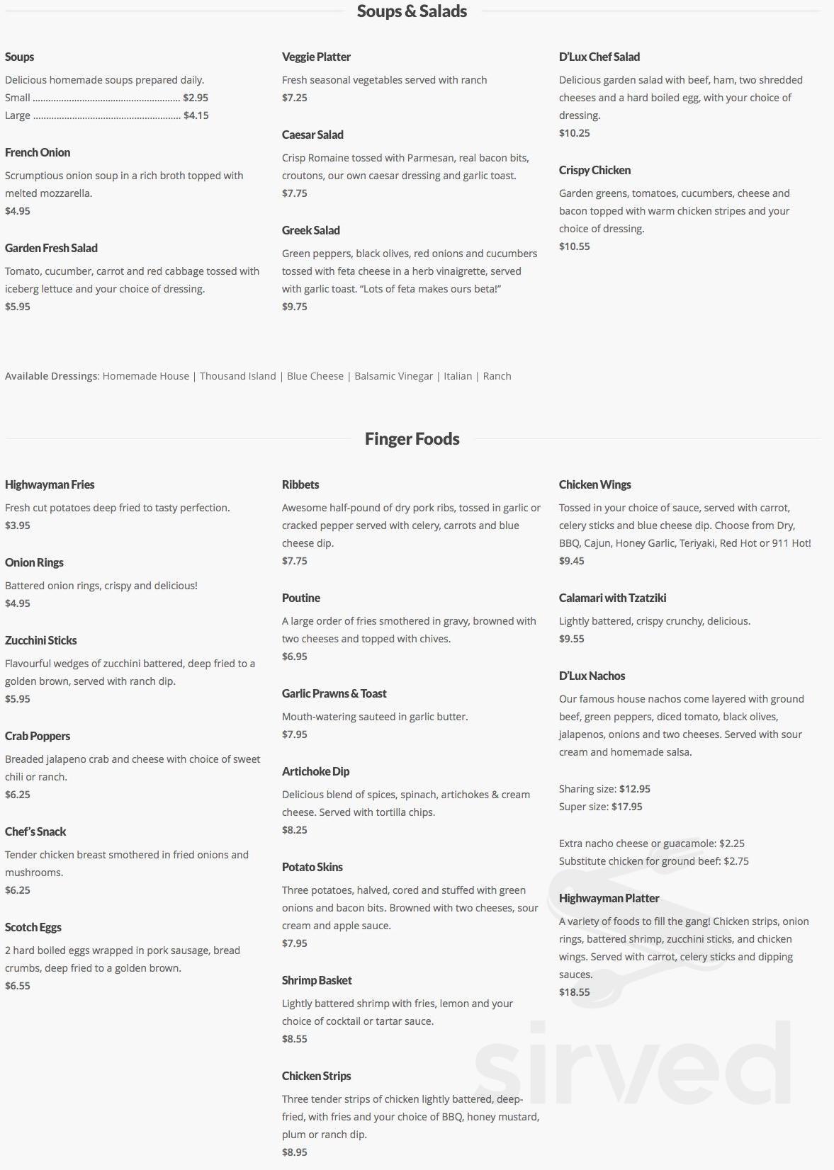 Highwayman Neighbourhood Pub menus in Abbotsford, British Columbia, Canada