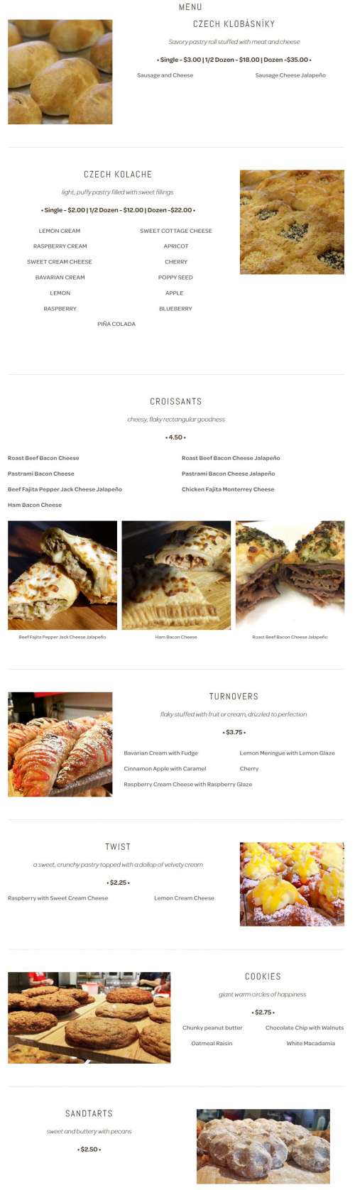 The Original Kolache Shoppe menu in Houston, Texas, USA