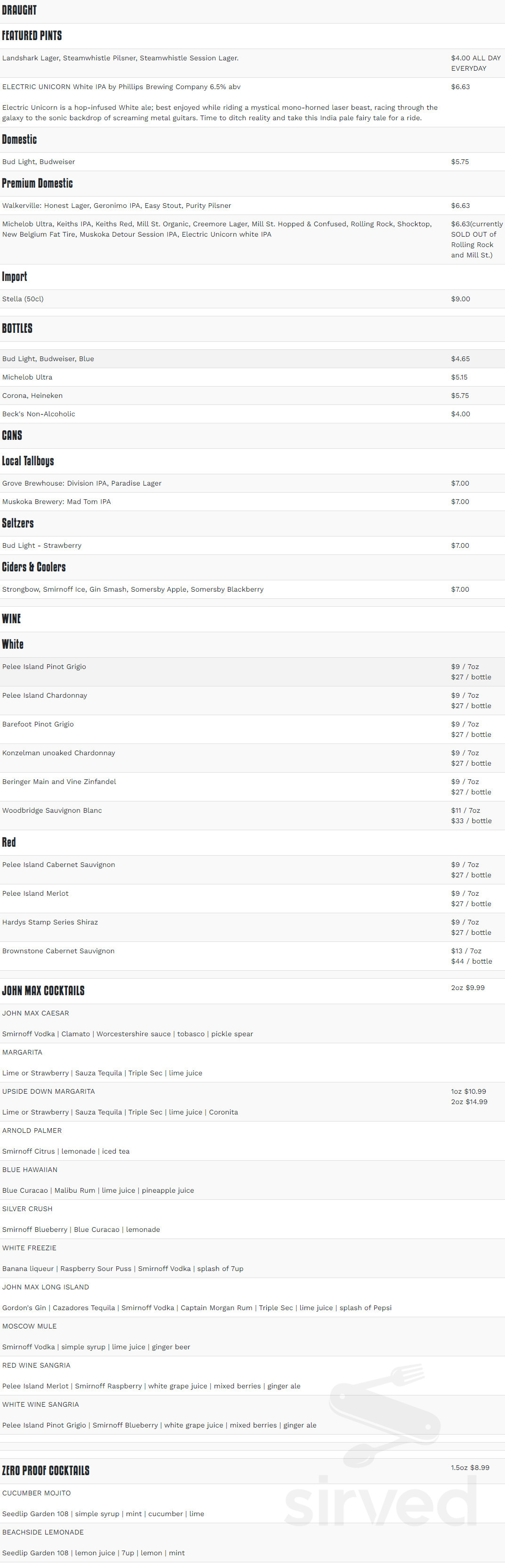 John Max Sports & Wings Lauzon Pkwy menu in Windsor, Ontario, Canada