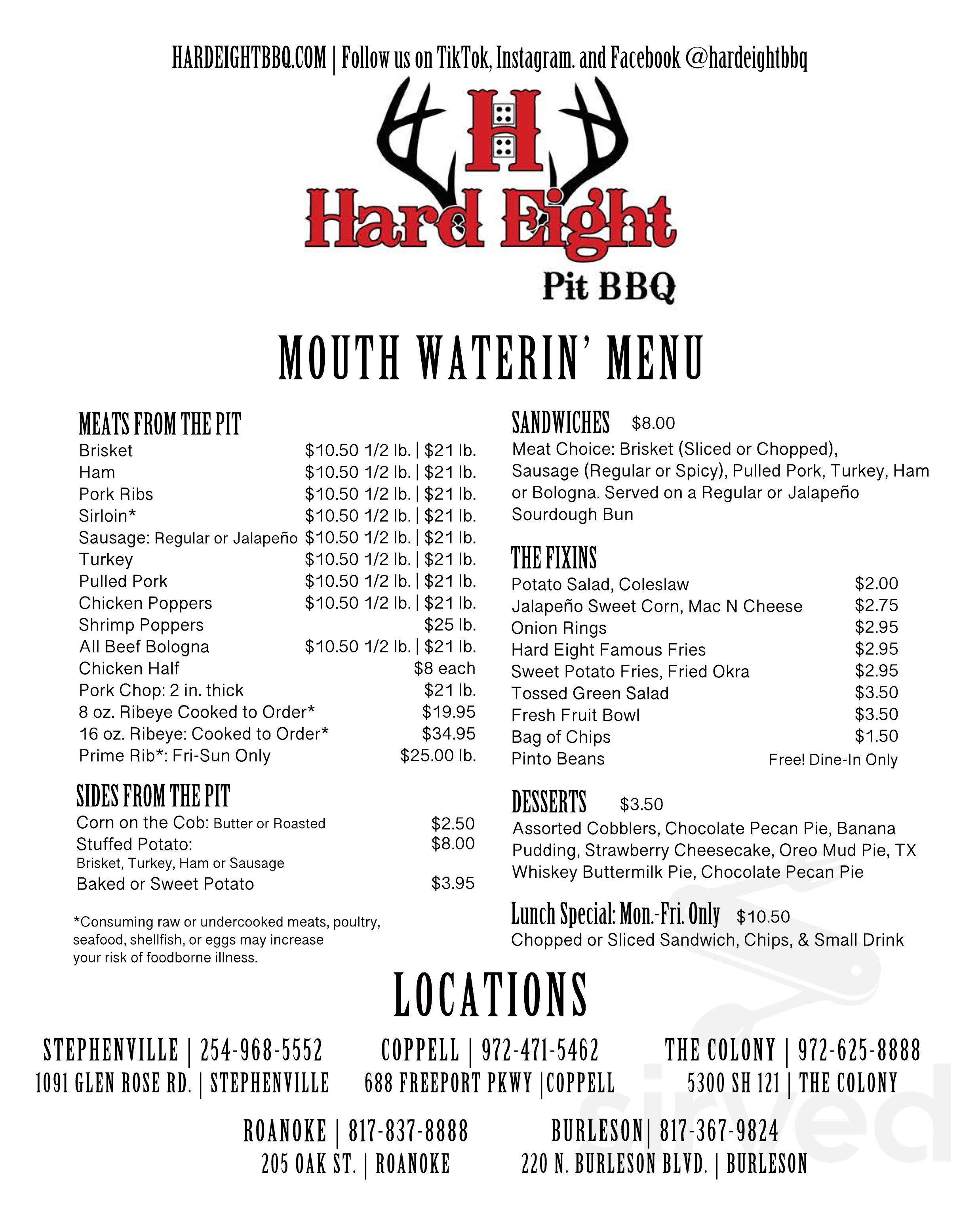 Menu for Hard Eight Barbeque in Stephenville, TX | Sirved